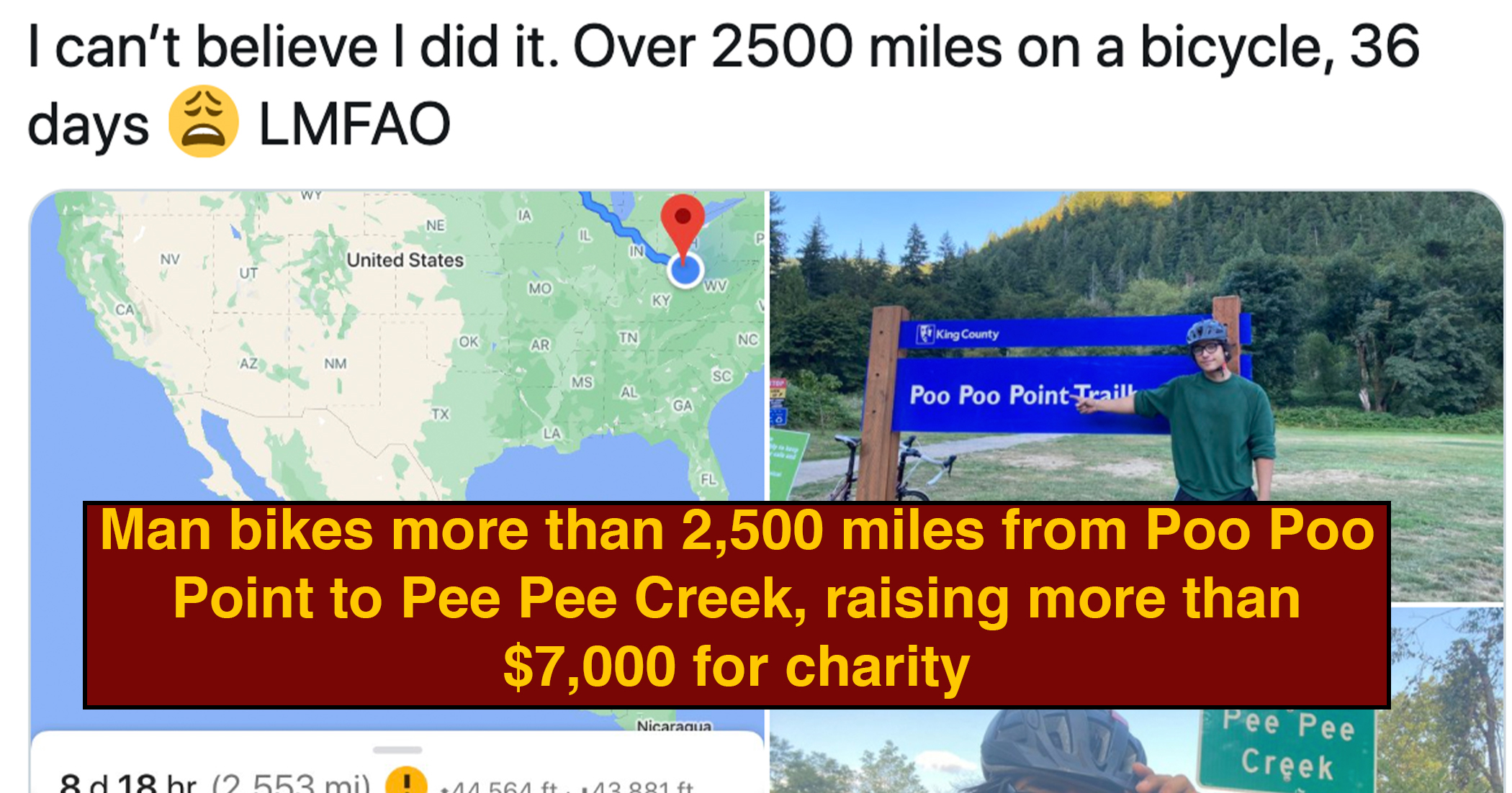 Hero Bikes From Poo Poo Point, Washington to Pee Pee Creek, Ohio For Charity | Cracked.com